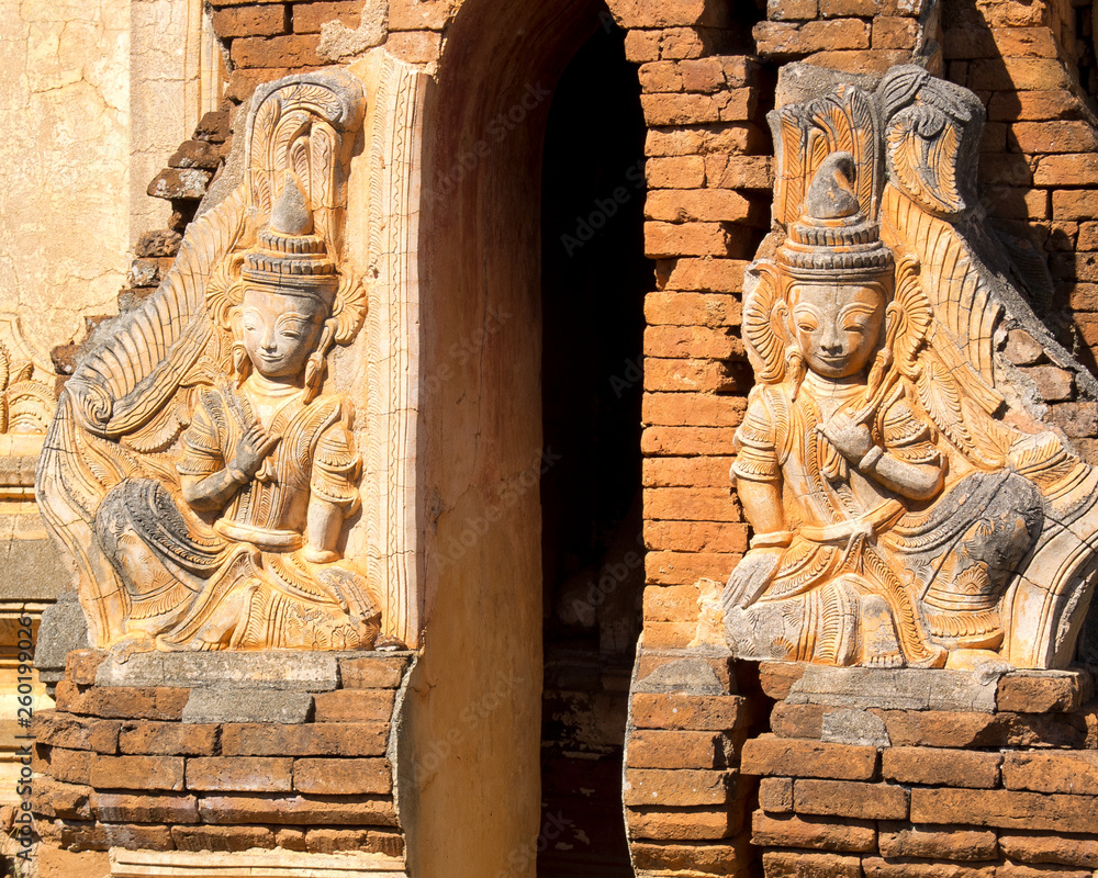 Myanmar - Details of old sculptures in Nyayng Ohak ruins near the Shwe ...
