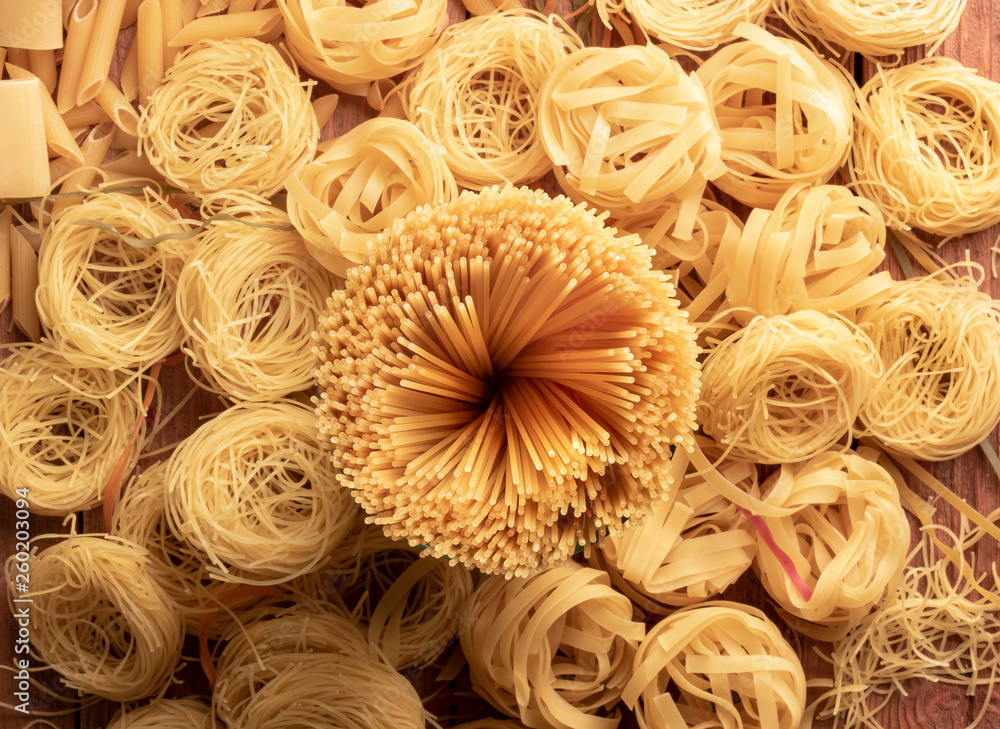 top view different types, colour of pasta and geometric shape on the ...