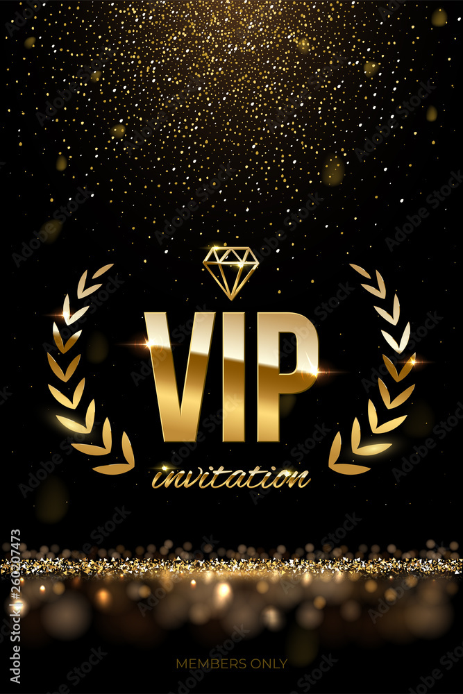 Golden VIP invitation template - type design with diamond, laurel ...