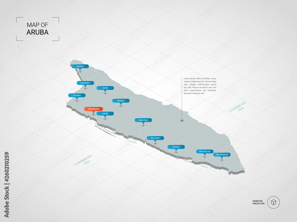 Isometric 3D Aruba map. Stylized vector map illustration with cities ...