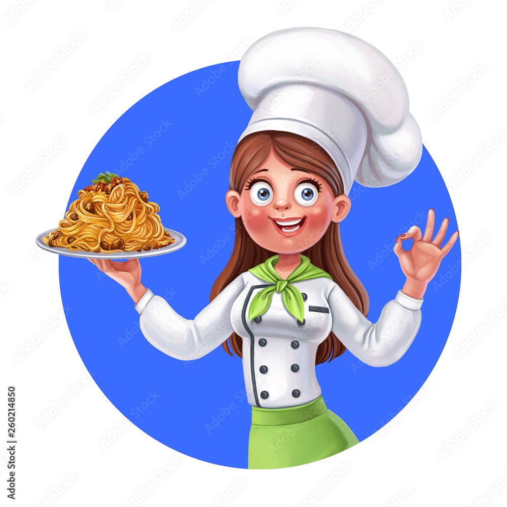 Emblem with cute cartoon girl cook holds in her hand plate of spaghetti ...