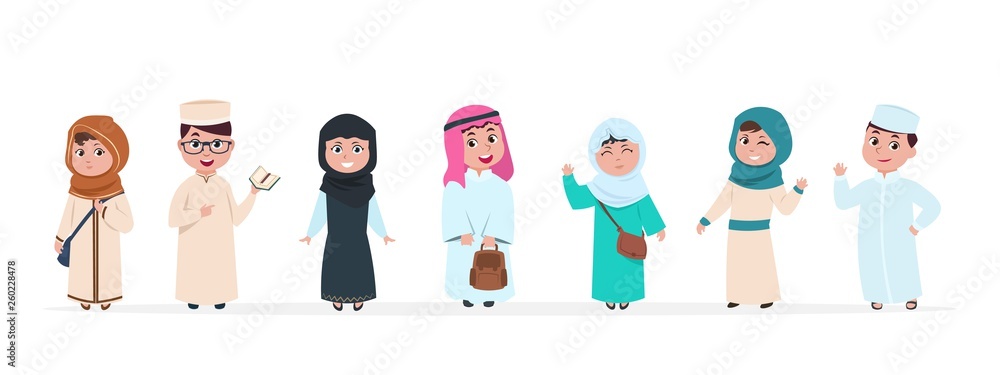 Muslim kids. Islamic children cartoon characters. School boy and girl ...