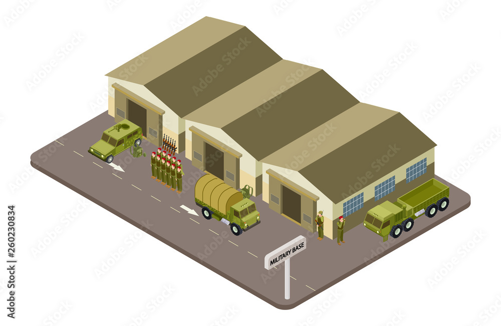 Military base with soldiers and military cars isometric vector concept ...