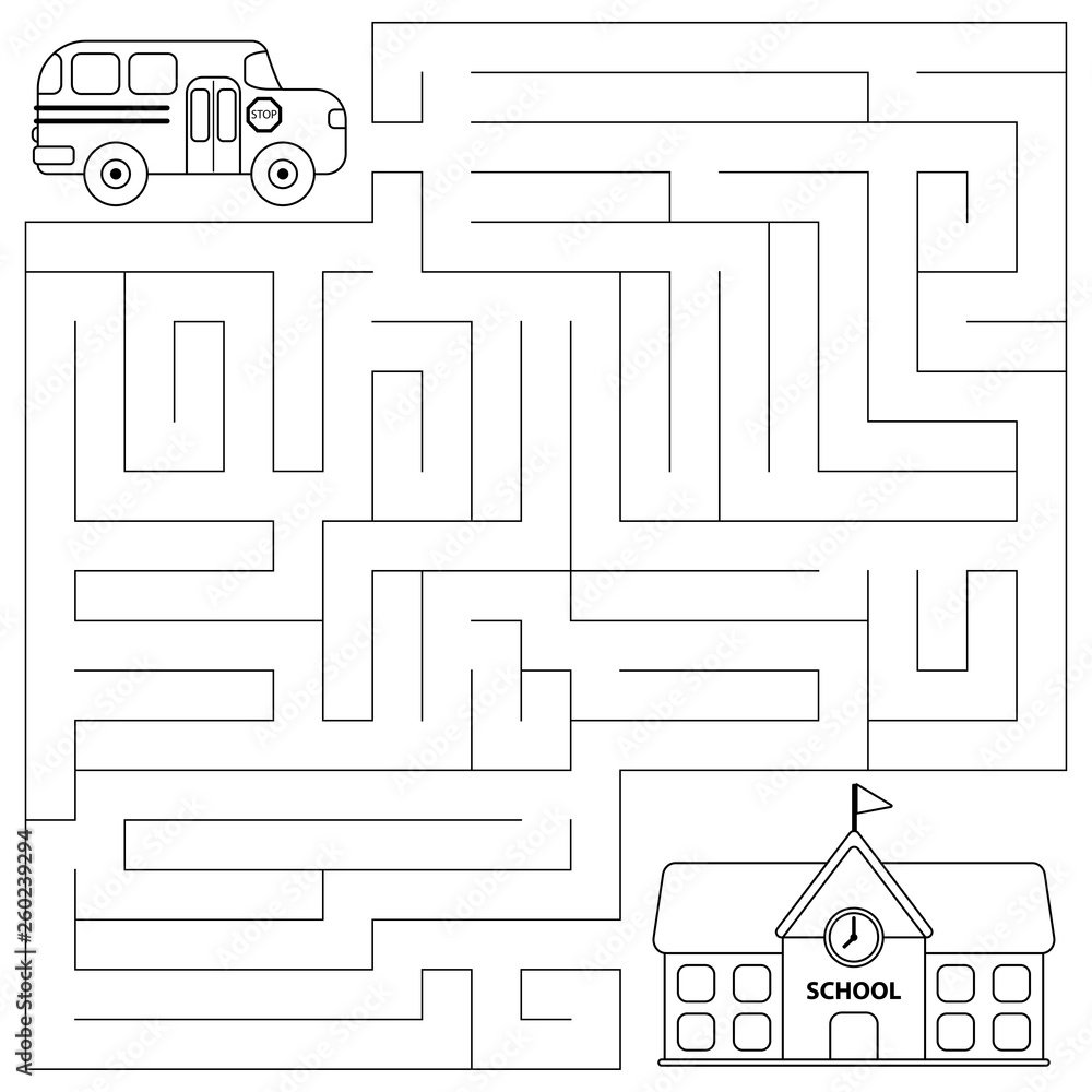 Maze game for preschool children. Vector coloring page. Help the bus ...