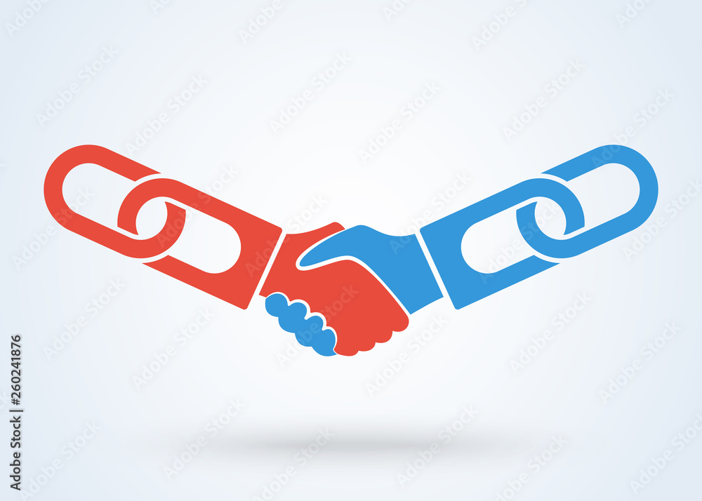 Handshake, Teamwork Hands Logo Vector. Blockchain technology agreement ...
