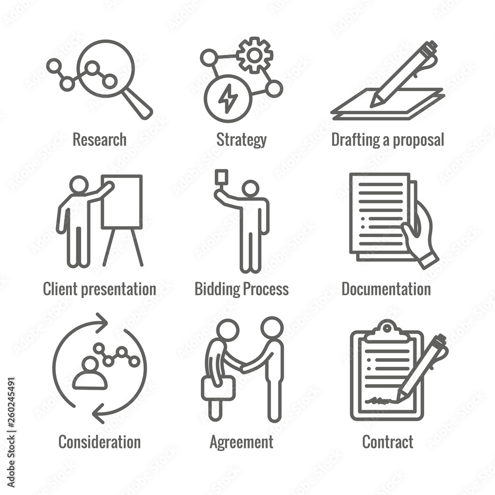 New Business Process Icon Set with Bidding Process, Proposal, Contract ...