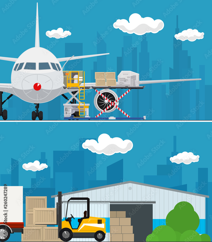 Set of Air Cargo and Storage Services, Airplane with Autoloader at the ...