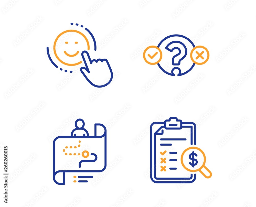 Smile, Quiz test and Journey path icons simple set. Accounting report ...