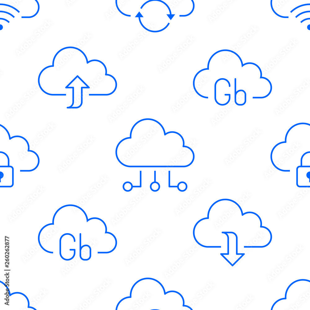 Cloud data storage seamless pattern with line icons. Database ...