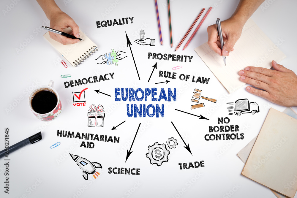 European Union Concept. Chart with keywords and icons. The meeting at ... European Union Concept. Chart with keywords and icons. The meeting at ...