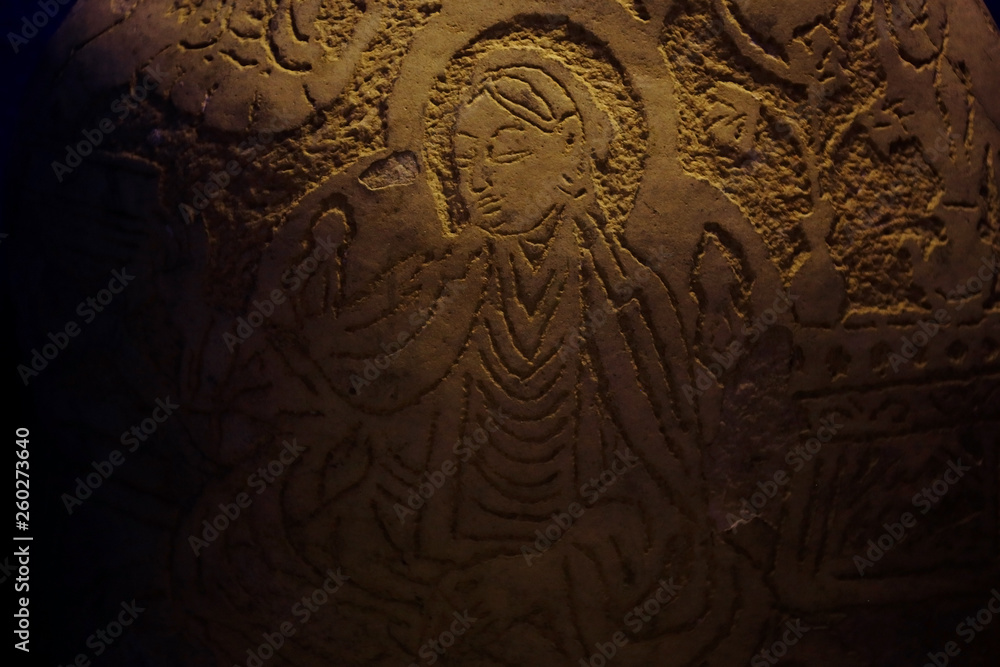 Buddhist religious symbols inscriptions in Tibet old runes Stock Photo ...