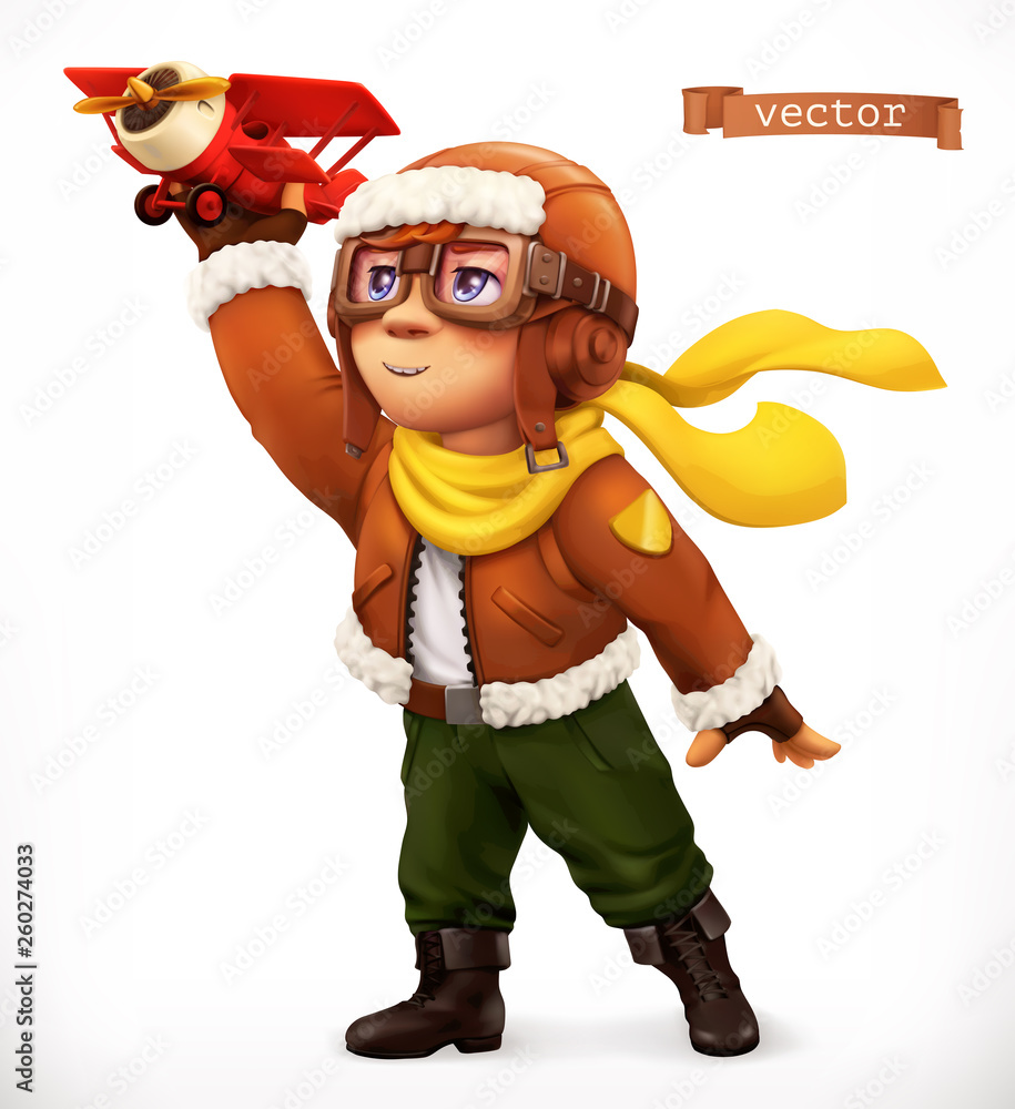 Little pilot with toy airplane. Comic character, 3d vector illustration ...