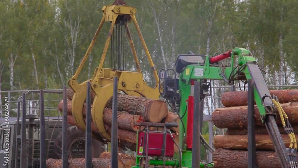 Unloading a log truck with a crane, unloading logs at a sawmill ...
