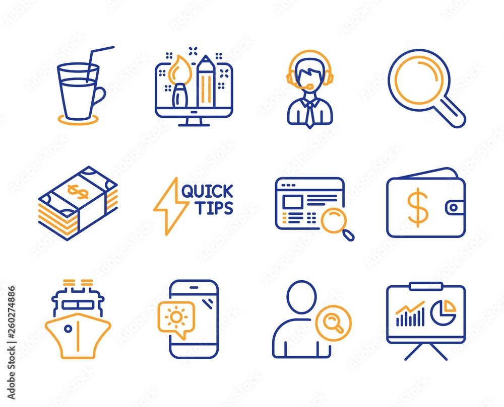 Quickstart guide, Research and Cocktail icons simple set. Dollar wallet ...