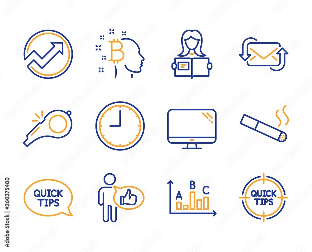 Quickstart guide, Smoking and Computer icons simple set. Woman read ...