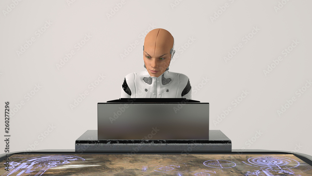 The humanoid robot is working at the computer, standing in front of the ...