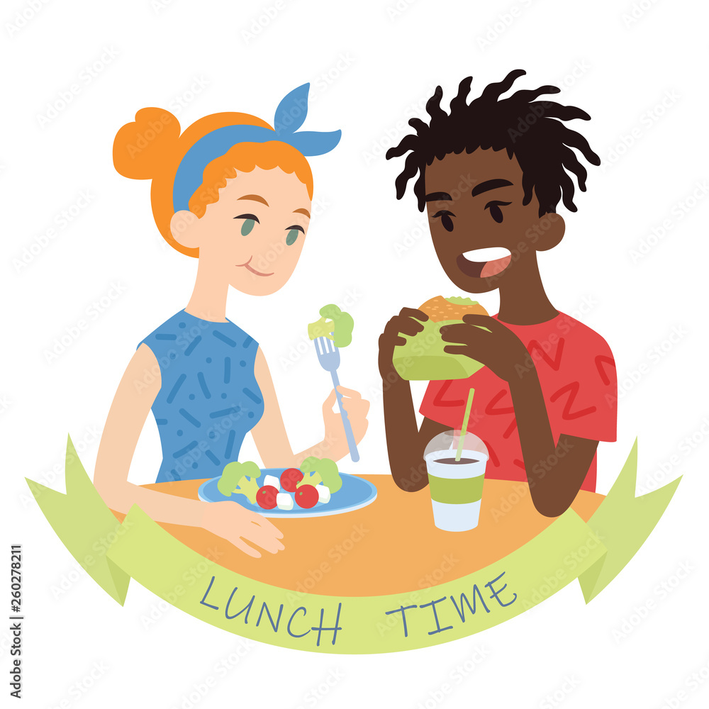 Couple eating. Vector illustration of multicultural pair in flat ...