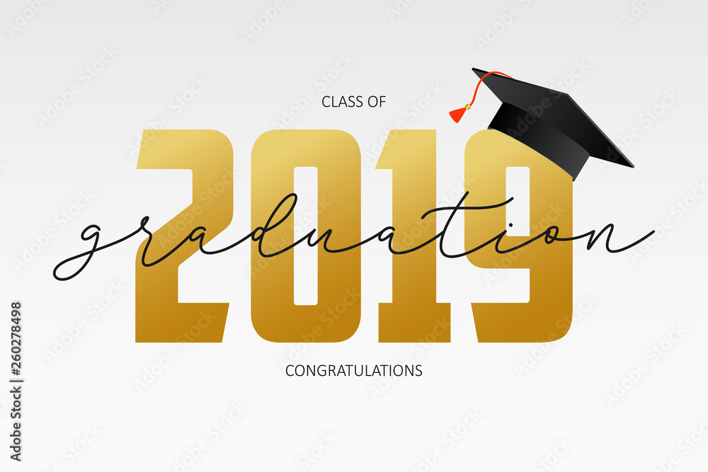 Graduating card template. Class of 2019 - banner with gold numbers and ...