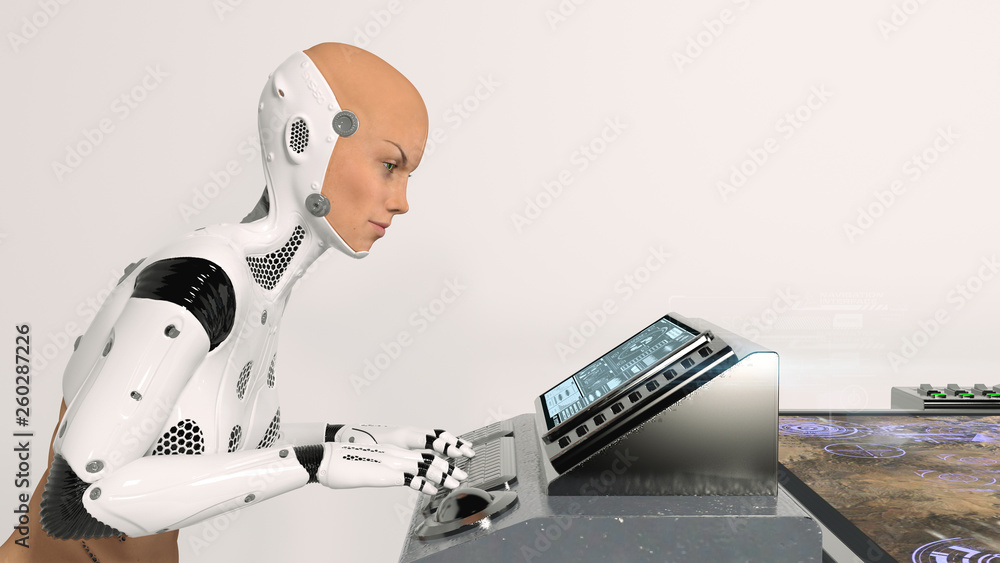 The humanoid robot is working at the computer, standing in front of the ...