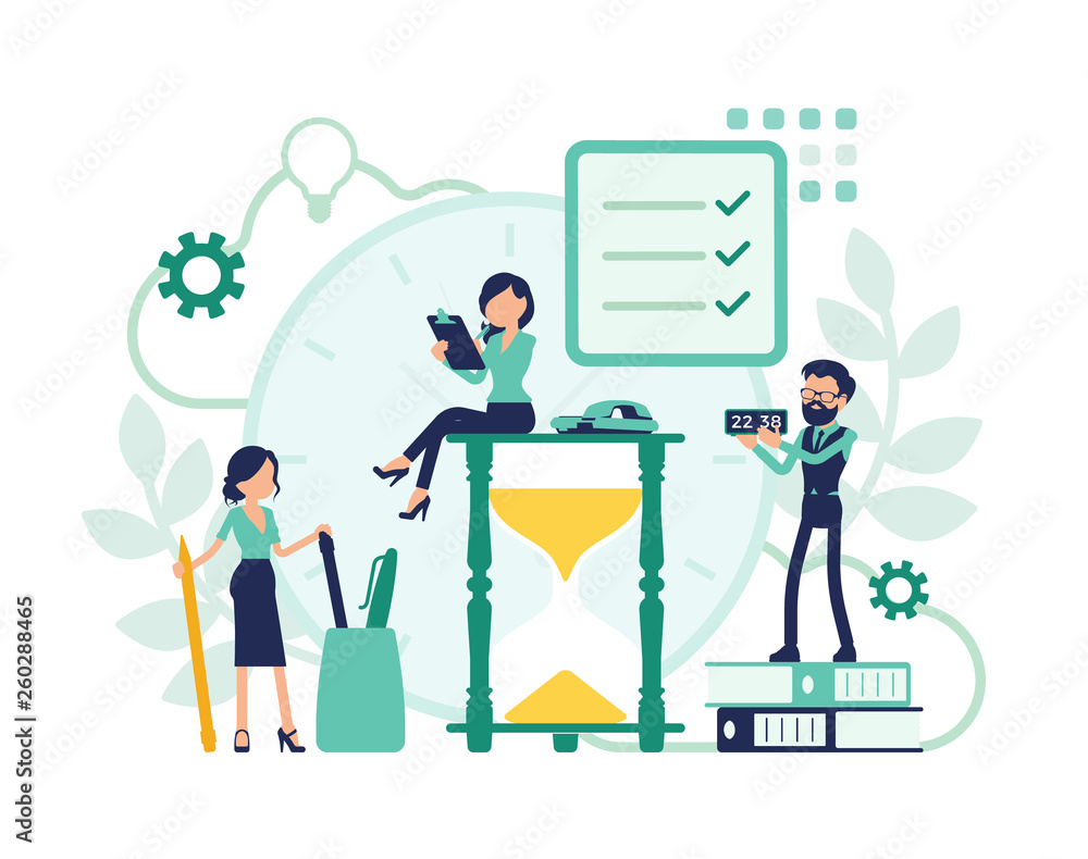 Time management, giant hourglass clocks and business people. Managers ...