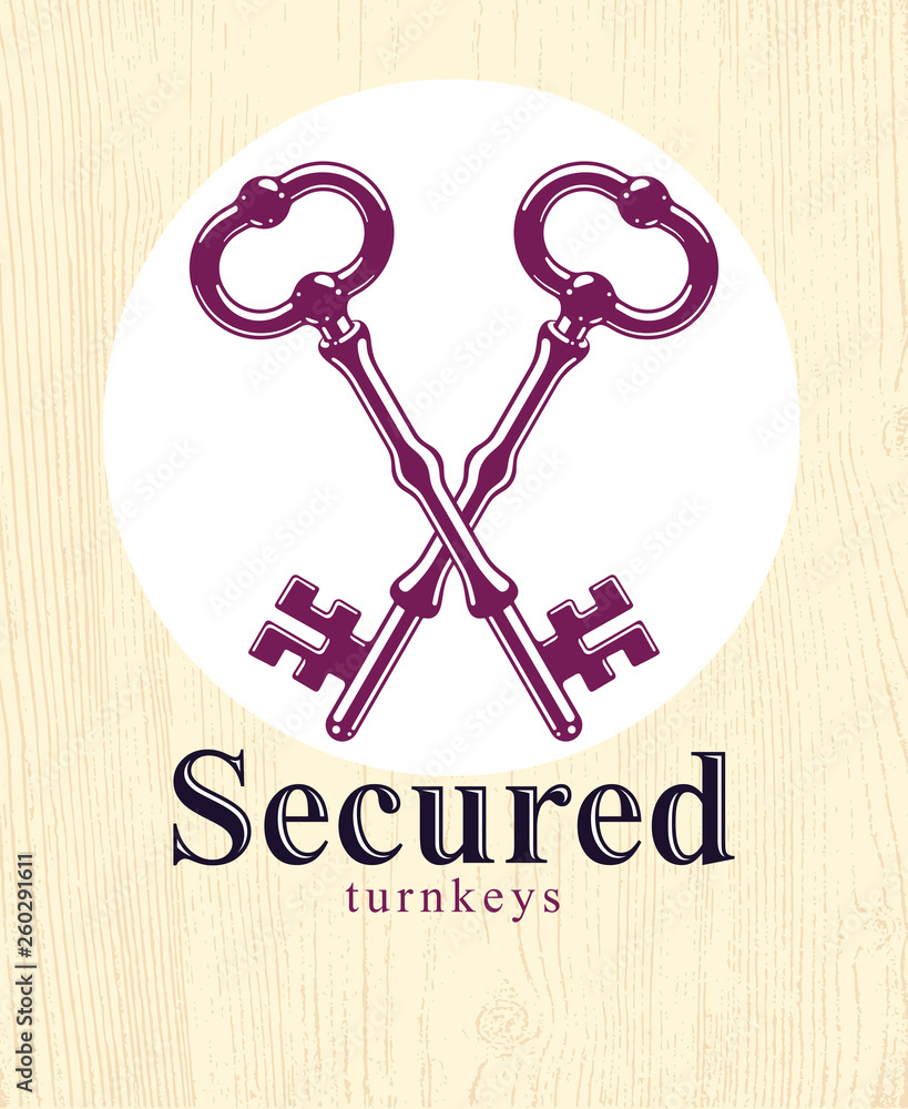 Crossed keys, vintage antique turnkeys vector logo or emblem, protected ...
