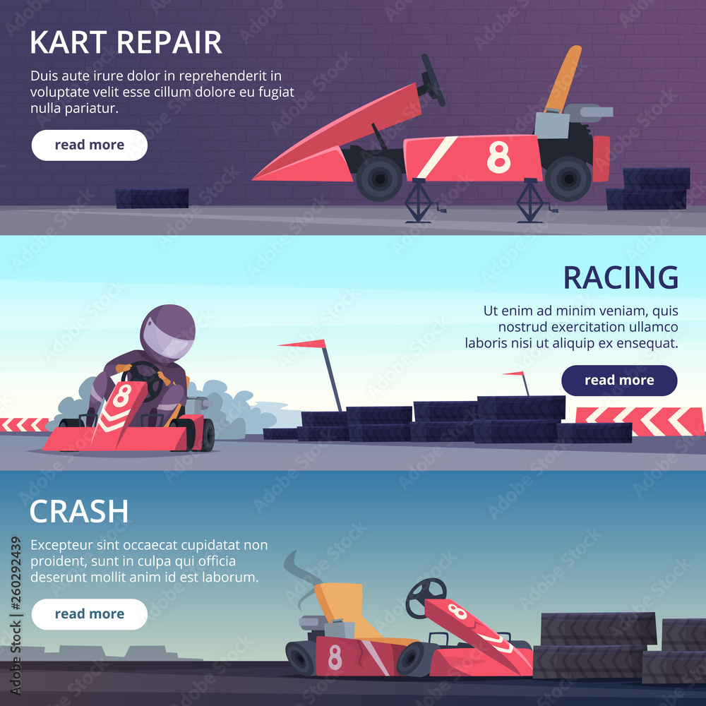 Vektorová grafika „Karting cars. Banners with sport pictures of speed ...
