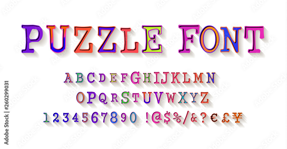 Puzzle font, jigsaw puzzle alphabet and numbers Stock Vector | Adobe Stock