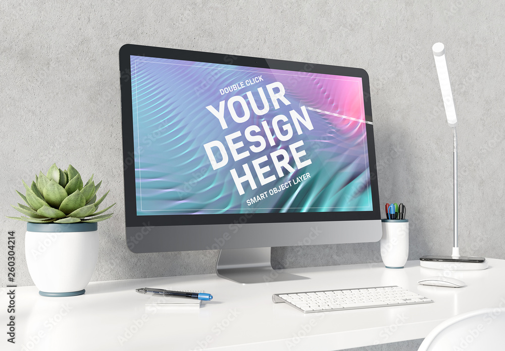 Computer on White Desktop Mockup Stock Template | Adobe Stock