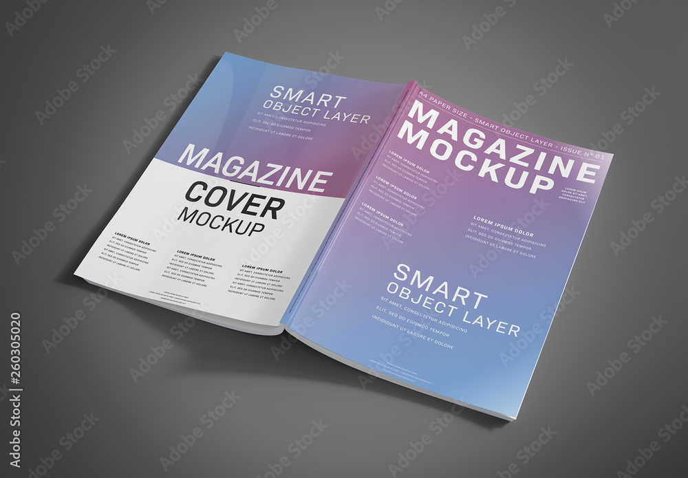 Open Magazine Cover on Grey Mockup Stock Template | Adobe Stock