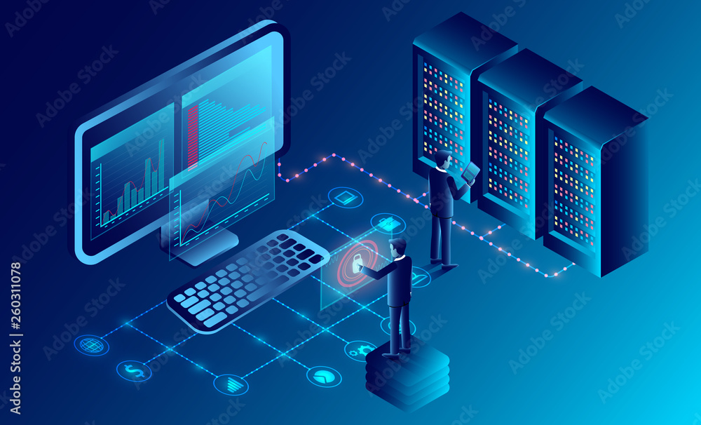 privacy protection and software for development with businessman stood ...