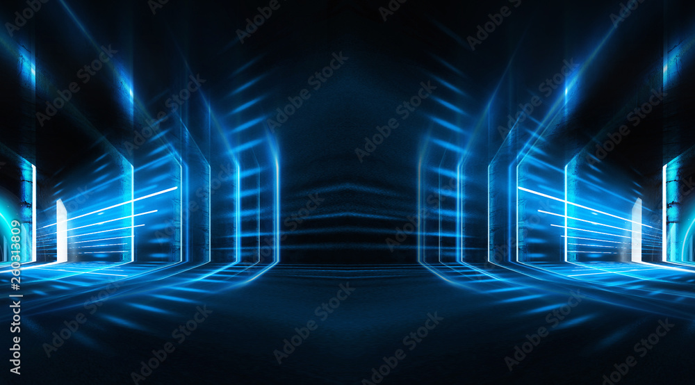 Tunnel in blue neon light, underground passage. Abstract blue ...