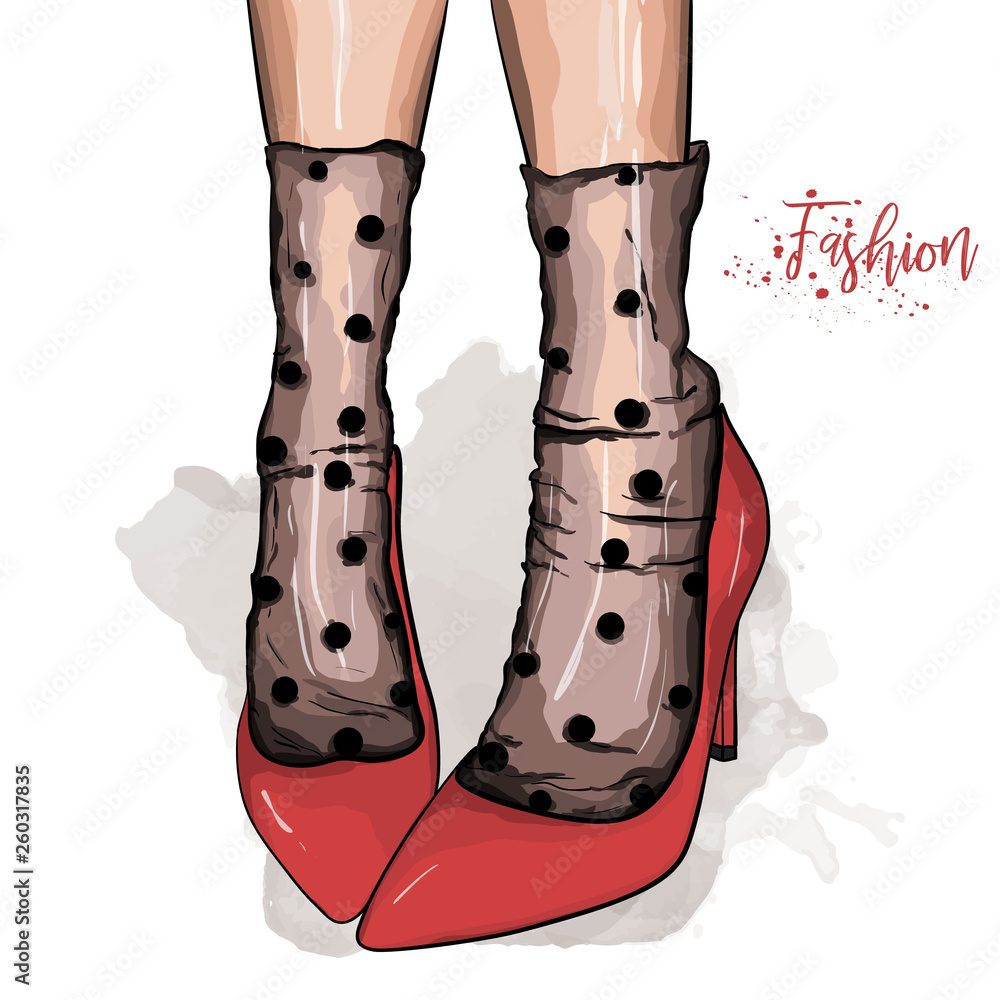 Hand drawn beautiful female legs. Stylish women red shoes. Sketch ...