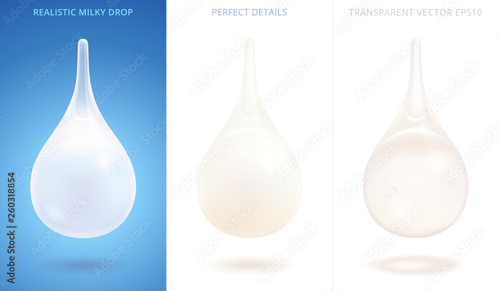 Set of milky drops. 3d realistic vector droplets. White and pearl tints ...