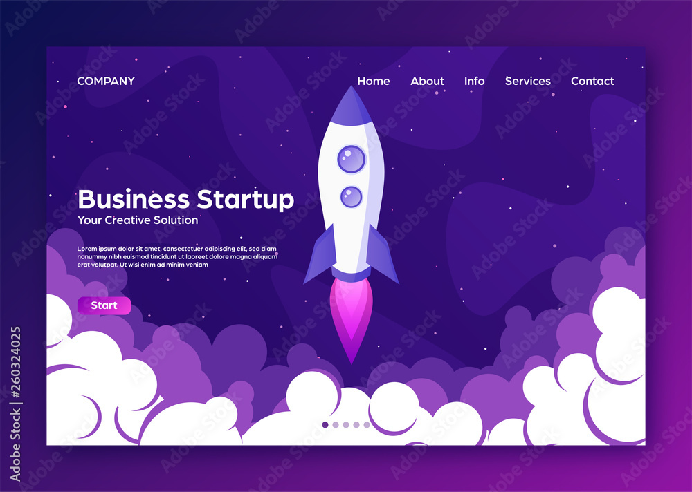 Website landing home page with rocket. Business project startup and ...