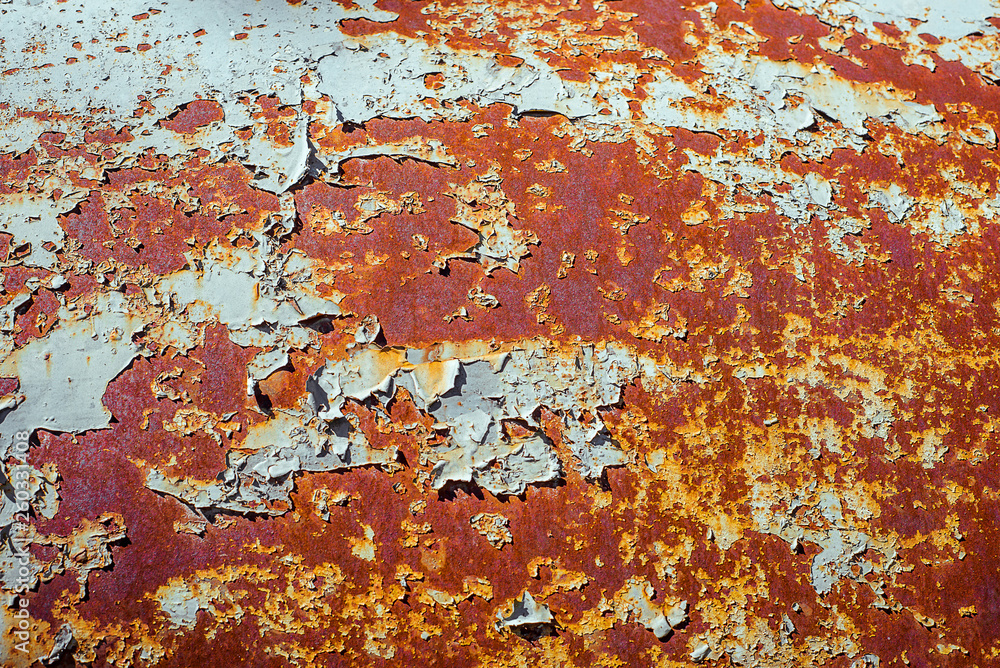 Texture of rusty metal, painted white and partly peeling. Horizontal ...