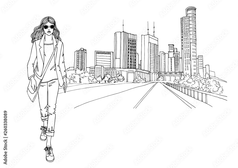 Young walking girl, dressed in a jacket and jeans. Pretty business ...