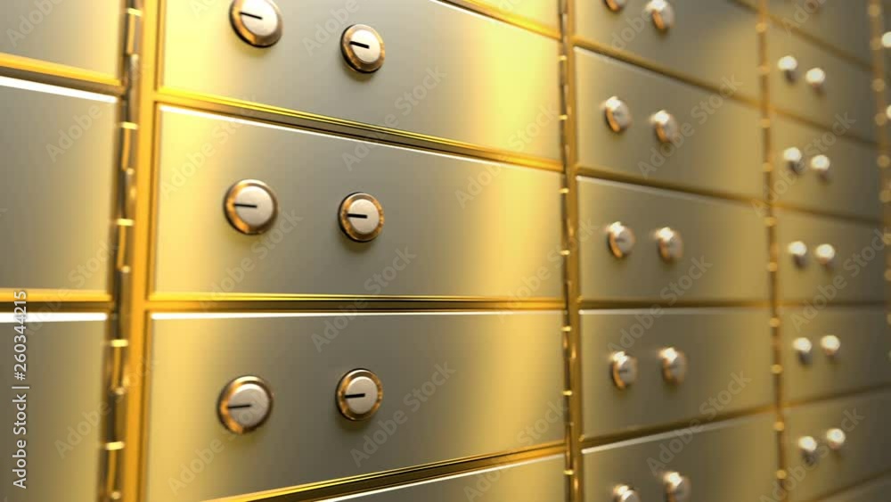 Camera moves along golden safety deposit boxes in a bank vault room ...