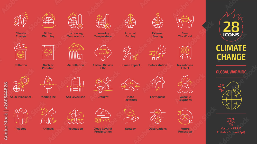 Climate change or global warming editable stroke outline icon set on a ...