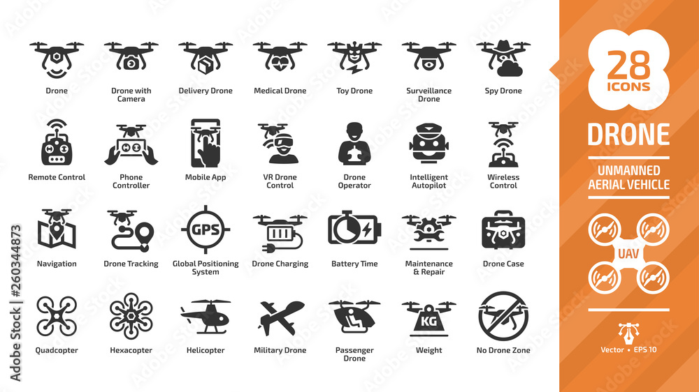 Drone unmanned aerial vehicle glyph icon set with UAV digital ...