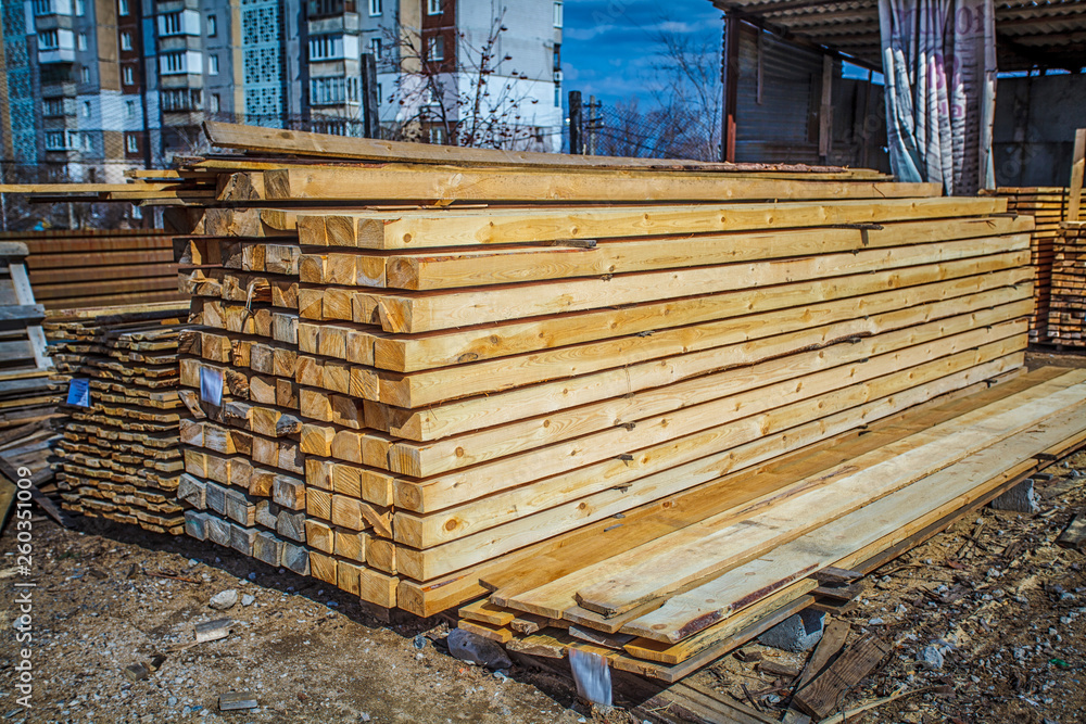 Wooden planks. Beams. Air-drying timber stack. Wood air drying ...