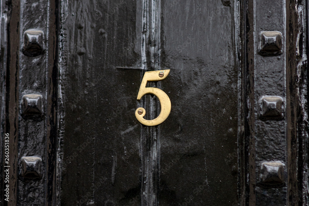 House number 5 with the five in bronze on a black wooden door with ...