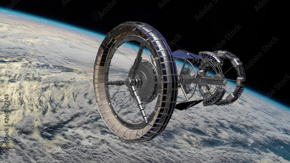 Sci Fi International Space Station ISS spaceship revolving over earths ...
