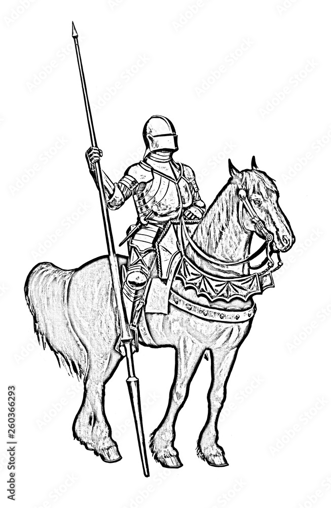 Heavy armoured knight illustration. Mounted knight isolated black and ...