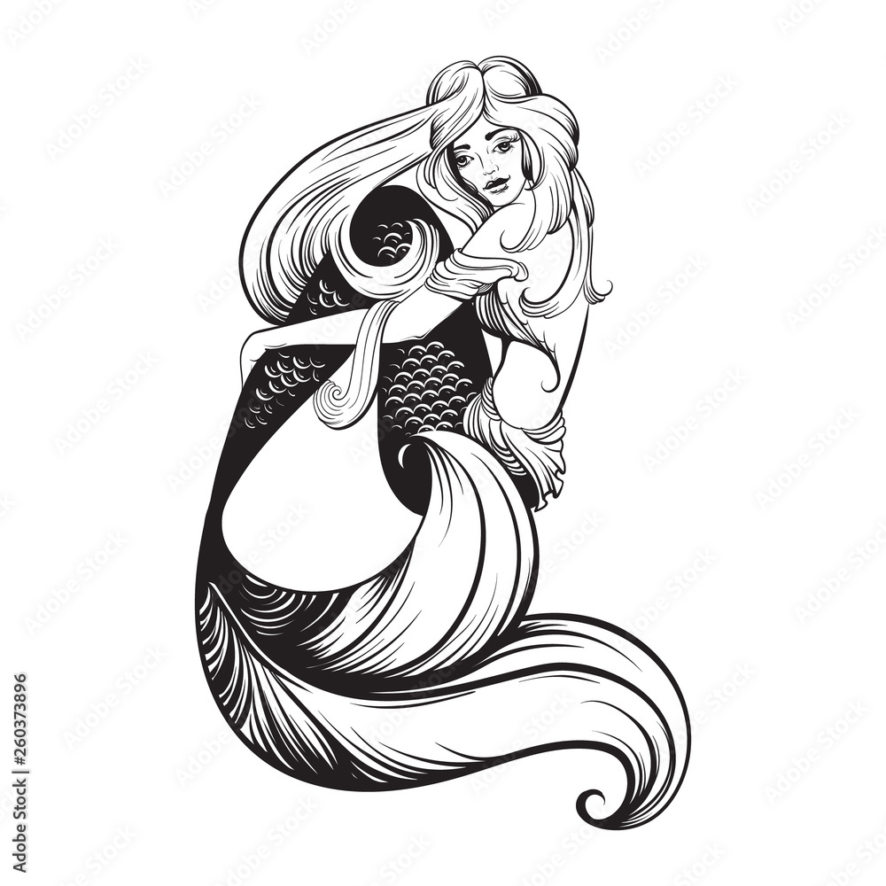 Vector illustration of beautiful mermaid with long hair made in ...