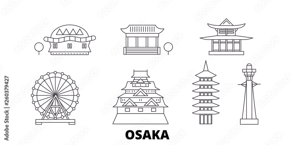 Japan, Osaka flat travel skyline set. Japan, Osaka black city vector ...
