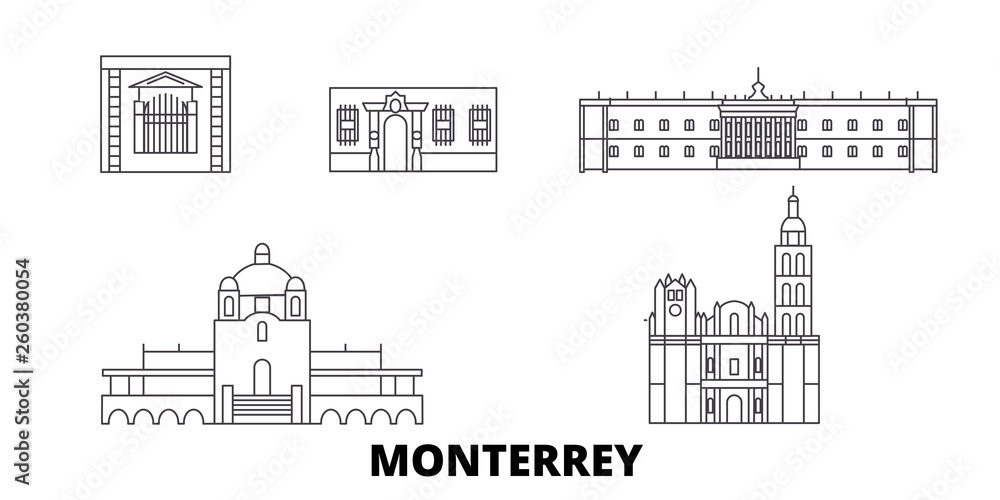Mexico, Monterrey flat travel skyline set. Mexico, Monterrey black city ...
