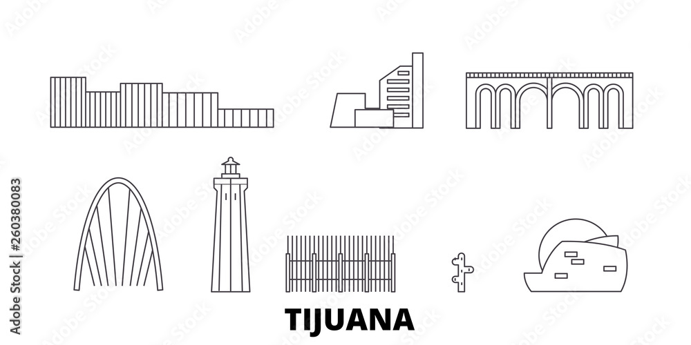 Mexico, Tijuana flat travel skyline set. Mexico, Tijuana black city ...
