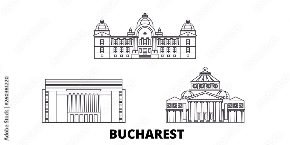 Romania, Bucharest flat travel skyline set. Romania, Bucharest black ...