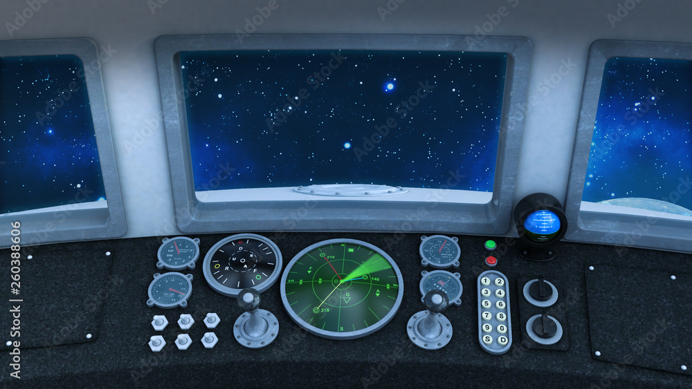 Cockpit of retro UFO Spaceship in deep space, vintage spacecraft flying ...