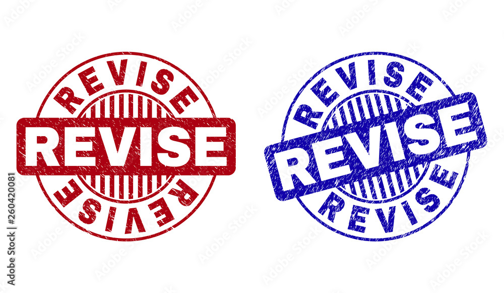 Grunge REVISE round stamp seals isolated on a white background. Round ...